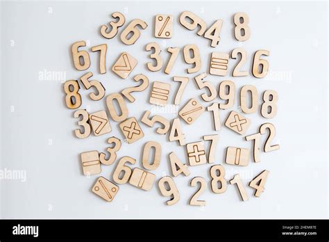 Wooden Numbers Symbols On White Background Randomly Arranged Numbers