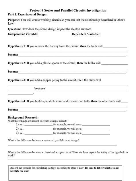Project 4 Series And Parallel Circuits Investigation Identify The Unit Pdf Series And
