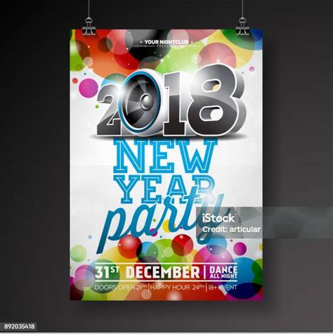 새 해 파티 축 하 포스터 템플릿 일러스트 3d 2018 텍스트와 빛나는 화려한 배경에 디스코 공 벡터 Eps 10 디자인입니다 12월 31일에 대한 스톡 벡터 아트 및