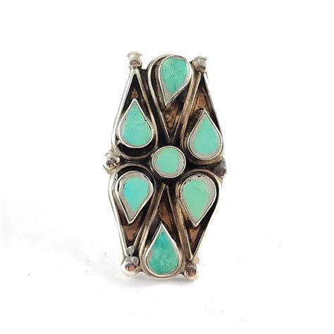 Vintage Big Zuni Silver Flush Inlay Turquoise Ring Native American