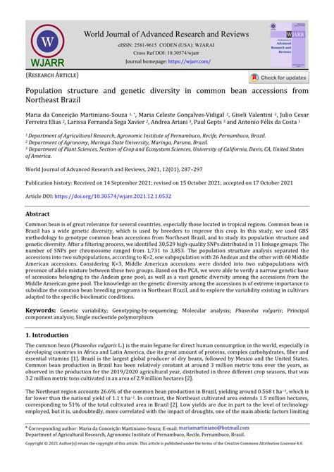 Pdf Population Structure And Genetic Diversity In Common Bean