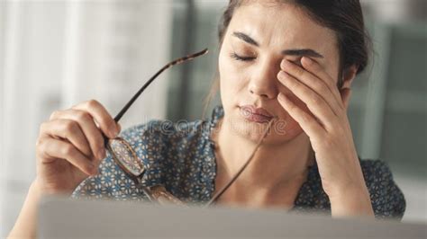 Young Woman Suffers From Eye Pain And Rubs Her Eye Stock Image Image