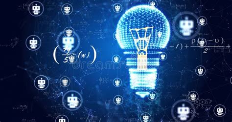 Image Of Chatbot Icons Light Bulb And Networks Over Mathematical Equations Stock Illustration