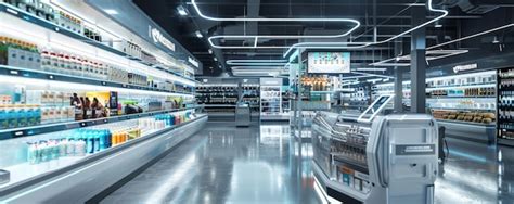A Futuristic Market With Automated Checkout Systems And Digital Product Displays Premium Ai