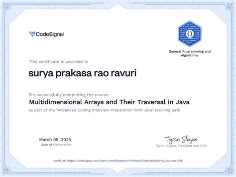 Course Certificate For Multidimensional Arrays And Their Traversal In
