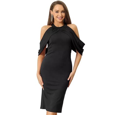 Womens Elegant Halter Neck Cold Shoulder Cocktail Bodycon Dress
