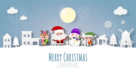 메리 크리스마스와 새해 복 많이 받으세요 종이 컷 스타일 산타 클로스와 마을 배너 템플릿의 친구 크리스마스 휴일 파티 개념 그림 캐릭터 Hny는 배경 벡터에 고립 된 개념에