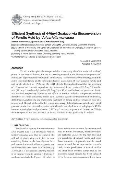 Pdf Efficient Synthesis Of 4 Vinyl Guaiacol Via Bioconversion Of Ferulic Acid By Volvariella