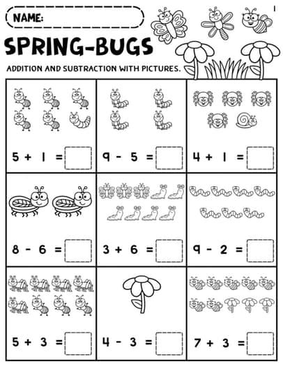 Spring Math Bugs Insects Addition And Subtraction With Pictures Within 10