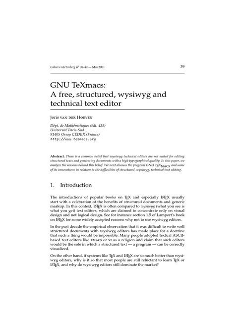 gnu texmacs a free structured wysiwyg and technical text editor pdf markup language te x
