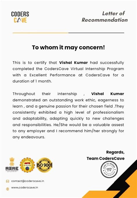 java internship coderscave letterofrecommendation grateful… vishal kumar