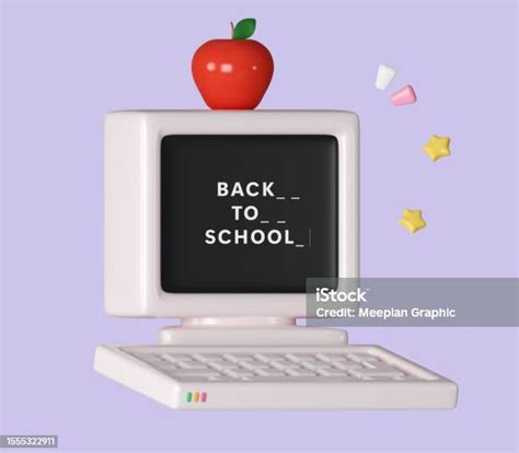 빨간 사과가 있는 오래된 빈티지 개인용 컴퓨터 학교 개념으로 돌아갑니다 아이콘 기호 클리핑 경로입니다 3d 렌더링 일러스트레이션