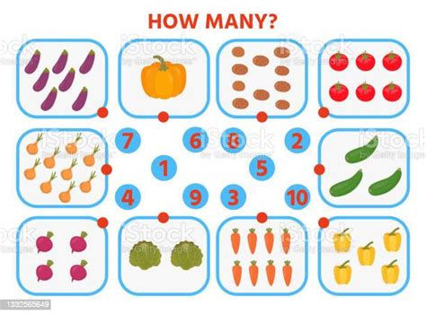 아이들을위한 수학 교육 게임 얼마나 많은 야채 아이들이 자료를 학습합니다 유치원 워크시트 활동 0명에 대한 스톡 벡터 아트 및 기타 이미지 Istock