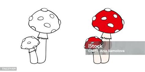 빨간 모자와 흰 점이 있는 버섯과 어린이용 색칠 공부 페이지 흰색 배경에 Amanita입니다 벡터 일러스트 레이 션 가을에 대한 스톡 벡터 아트 및 기타 이미지 Istock
