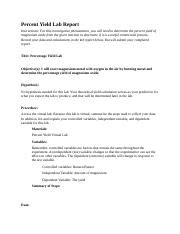 Percent Yield Lab Report Percent Yield Lab Report Instructions For This Investigative