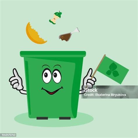 쓰레기 분리 유기 폐기물 과일 코어가 쓰레기통에 떨어지고 눈과 손이있는 쓰레기통 재활용품 쓰레기 분류 친환경 재활용 환경 보호