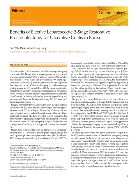 Pdf Benefits Of Elective Laparoscopic 2 Stage Restorative Proctocolectomy For Ulcerative