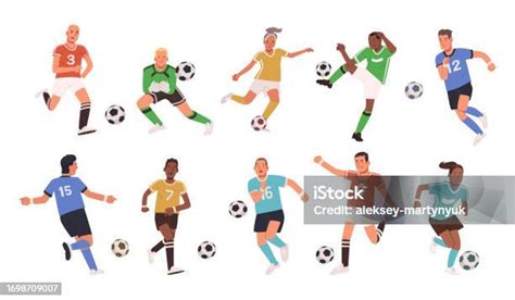 축구 선수 캐릭터 집합입니다 외딴 배경에서 축구를 하는 스포츠웨어를 입은 남성과 여성 골키퍼에 대한 스톡 벡터 아트 및 기타 이미지 골키퍼 여자