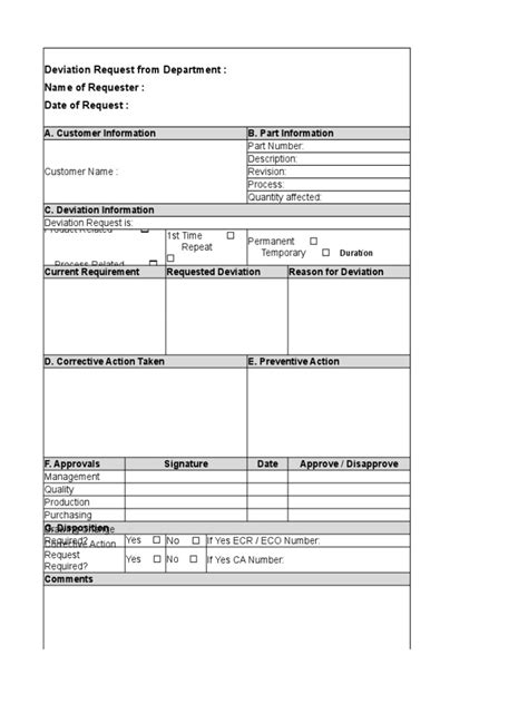 Deviation Request From Department Name Of Requester Date Of Request Pdf