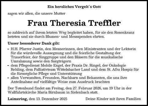 Traueranzeigen Von Theresia Treffler Augsburger Allgemeine Zeitung