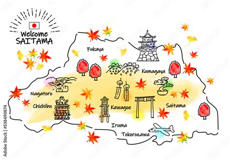 秋の埼玉県の観光地のシンプル線画イラストマップ Stock ベクター Adobe Stock