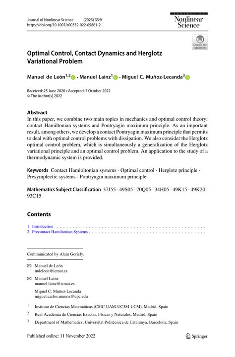 Pdf Optimal Control Contact Dynamics And Herglotz Variational Problem