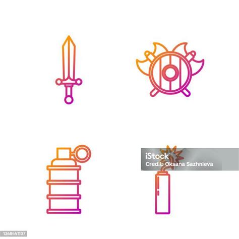 세트 라인 다이너마이트 폭탄 스틱 시계 손 수류탄 중세 칼과 교차 축 중세 방패 그라데이션 색상 아이콘입니다 벡터 강철에 대한 스톡 벡터 아트 및 기타 이미지 Istock
