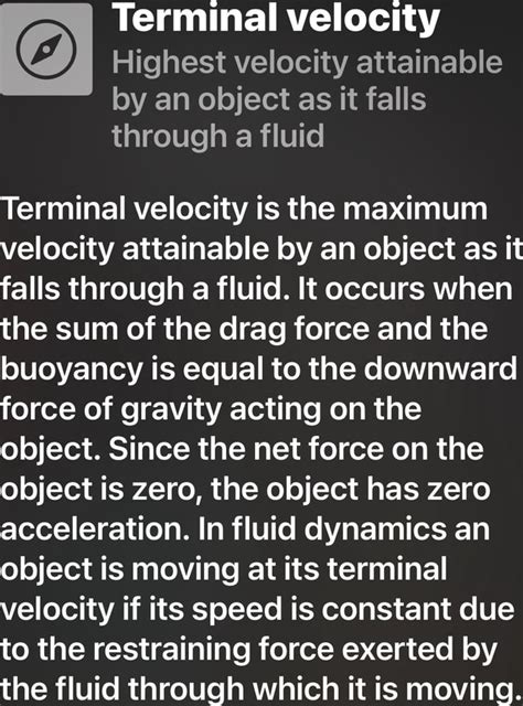 terminal velocity highest velocity attainable by an object as it falls