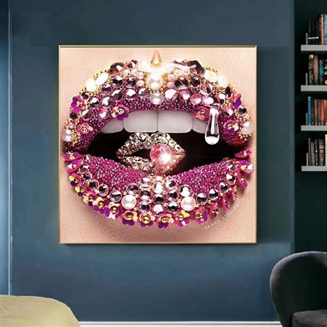 섹시한 드릴 피어싱 입술 캔버스 페인팅 입 포스터 및 인쇄 현대 벽 예술 장식 그림 거실 홈 장식그림 And 서예