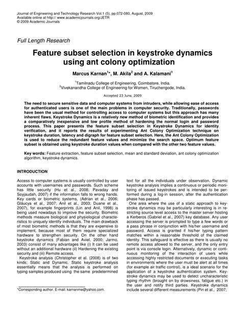 Pdf Feature Subset Selection In Keystroke Dynamics Using Ant Colony