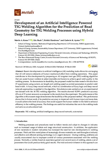 Pdf Development Of An Artificial Intelligence Powered Tig Welding Algorithm For The Prediction
