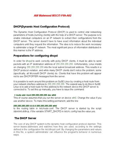 Dhcp Dynamic Host Configuration Protocol Route Add Host 255 255 255 255 Dev Eth0 Docshare