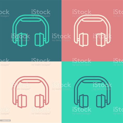 컬러 배경에 격리 된 팝 아트 라인 헤드폰 아이콘 이어폰 음악 서비스 커뮤니케이션 및 운영자를 청취하기위한 개념 벡터 Dj에