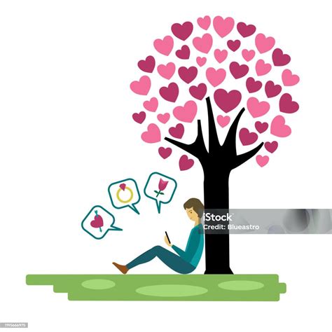 남자 는 여자 친구와 사랑 나무와 온라인 채팅 아래에 앉아 흰색 배경에 벡터 그림입니다 데이트에 대한 스톡 벡터 아트 및 기타