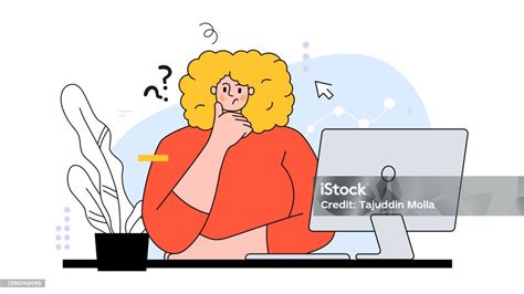 혼란스러운 소녀 사무실에서 생각하고 물음표가있는 컴퓨터에서 일하는 여성 플랫 벡터 일러스트레이션 불확실성에 대한 스톡 벡터 아트 및 기타 이미지 Istock