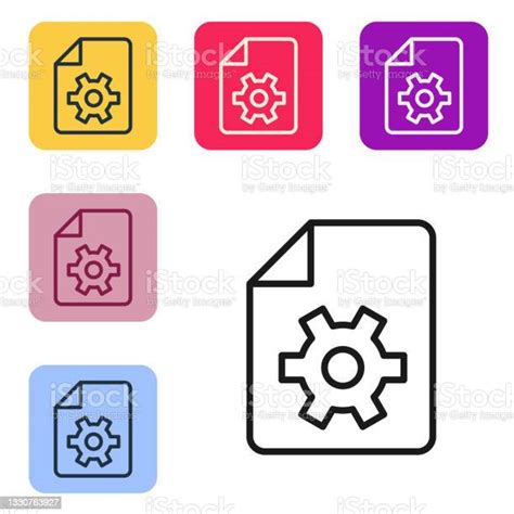 흰색 배경에 격리 된 기어 아이콘이있는 검은 줄 문서 설정입니다 소프트웨어 업데이트 전송 프로토콜 팀워크 도구 관리 색상 정사각형 단추로 아이콘을 설정합니다 벡터 검은색에