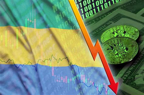 Gabon Flag And Cryptocurrency Falling Trend With Two Bitcoins On Dollar