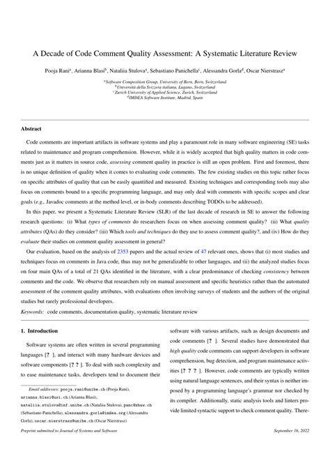Pdf A Decade Of Code Comment Quality Assessment A Systematic Literature Review