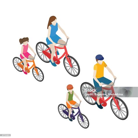 가족 자전거는 자전거를 타고입니다 평면 3 차원 등각 투영 벡터 일러스트 레이 션 어머니 아버지 딸과 아들 두발자전거에 대한 스톡 벡터 아트 및 기타 이미지 Istock
