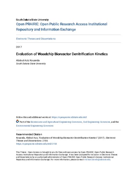 Pdf Evaluation Of Woodchip Bioreactor Denitrification Kinetics Abdoul Aziz Kouanda