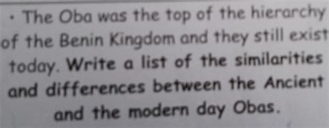 The Oba Was The Top Of The Hierarchy Of The Benin Kingdom And They Still Exist Today Write A