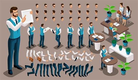 아이소메트릭 빈티지 배경 남성 은행 노동자 일련의 손 및 발 헤어스타일 감정의 제스처 당신의 성격을 만들 당신의 관리자 3 만들기 경영자에 대한 스톡 벡터 아트 및 기타