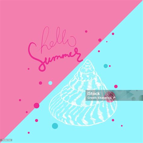 안녕하세요 여름 카드 배너 독특한 박물관 바다 조개 바다 달팽이 분홍색 파란색 배경에 윤곽을 스케치합니다 벡터 기념품에 대한