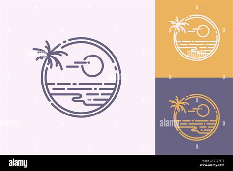 Line Art Of Tropical Island Beach With Sun A Palm Tree And Coastline