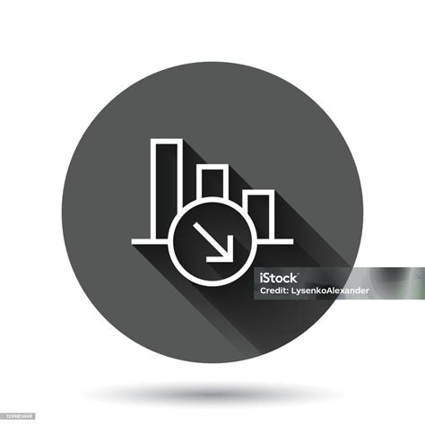 플랫 스타일의 시장 트렌드 아이콘 긴 그림자 효과와 검은 둥근 배경에 돋보기 벡터 그림 화살표를 거부합니다 서클 버튼 비즈니스 개념을 줄입니다 감소에 대한 스톡 벡터 아트