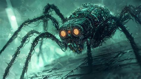 Futuristic Robot Spider Encounter Urban Environment Digital Art Sci Fi Theme Close Up View