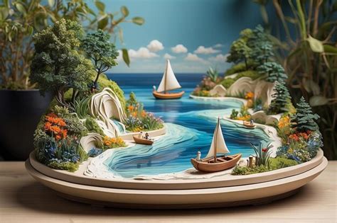 Beautiful Sea And Sailing Boat Miniature Clay Made Premium Ai