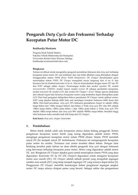 Pdf Pengaruh Duty Cycle Dan Frekuensi Terhadap Kecepatan Putar Motor Dc