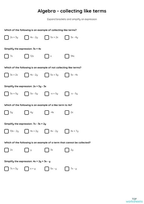 Algebra Collecting Like Terms Interactive Worksheet Topworksheets