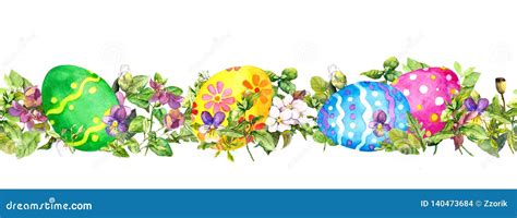 Horizontal Row Of Easter Eggs Hidden Fresh Green Grass Spring Flowers